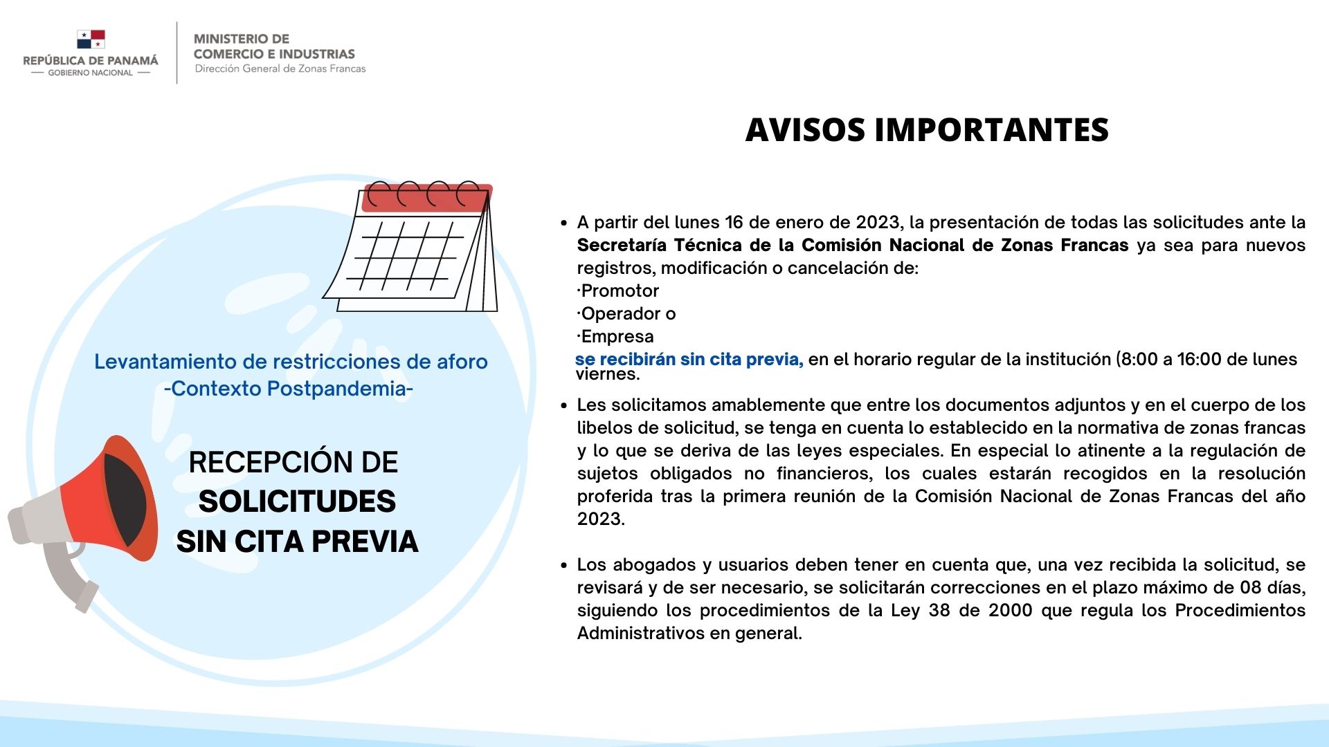 Comunicados de la Dirección General de Zonas Francas - MICI